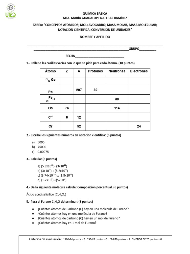 Tarea 3 Unidad 1 Moles, número de avogadro | PDF | Mole (Unidad) | Átomos
