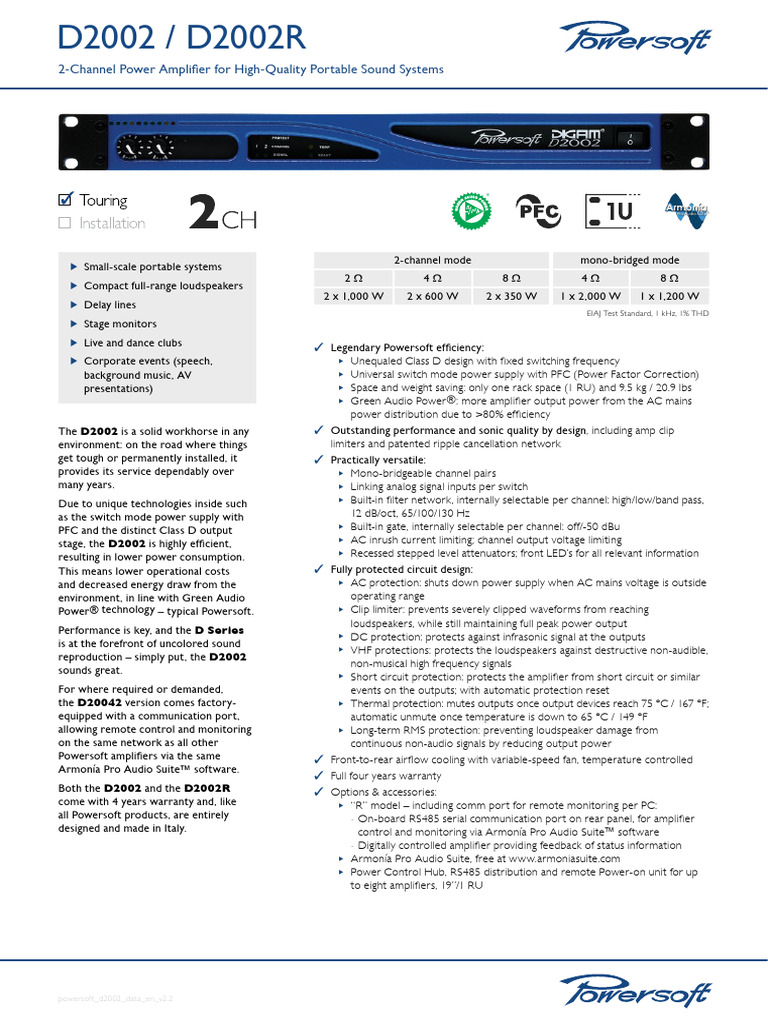 Power Amplifier Powersoft - d2002 - Data - en - v2.2 | PDF | Amplifier | Power Supply