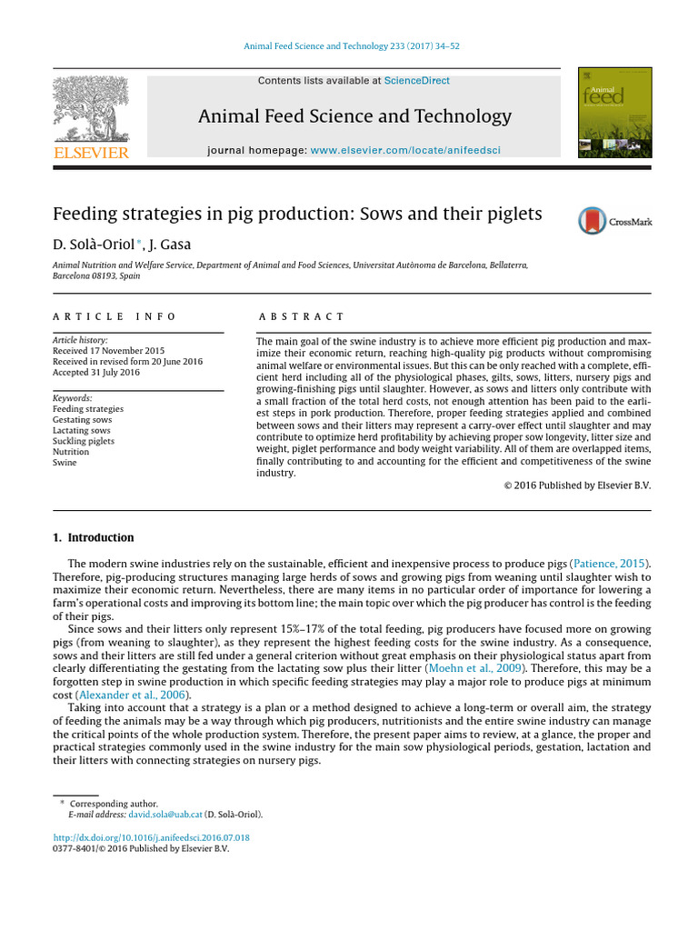 Gasa (2017) Feeding strategies in pig production. Sow and their piglets ...