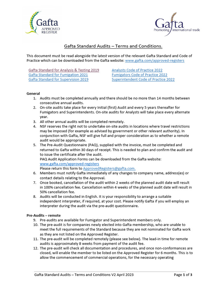 Gafta Audit Terms and Conditions 2023 | PDF | Audit | Invoice
