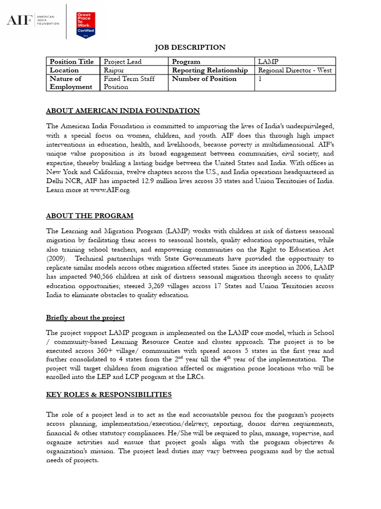 JD_Project-Lead_LAMP_Raipur | PDF | Evaluation | Procurement