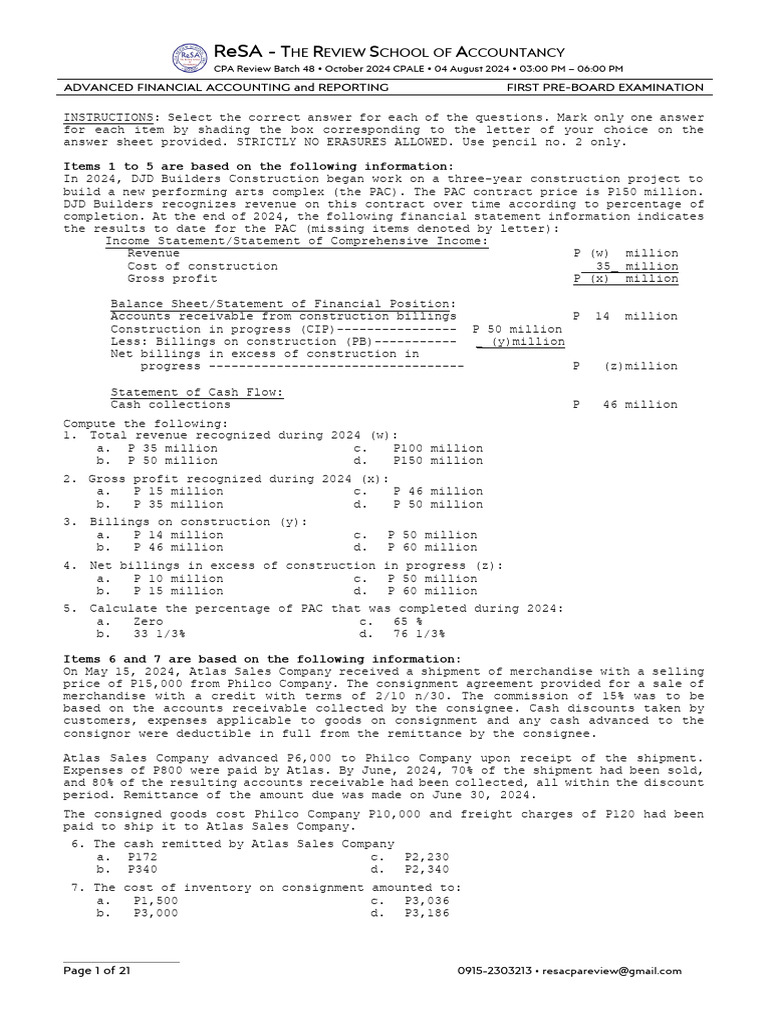 AFAR First Pre-Board Exam 2024 | PDF | Franchising | Debits And Credits