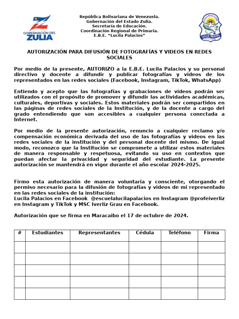 Autorización Difusion de Fotos | PDF