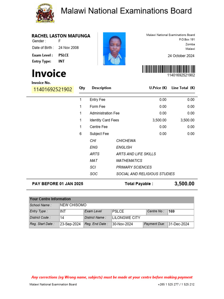 Invoice 2025PSLCE RACHEL MAFUNGA 11401692521902 | PDF | Payments | Services (Economics)