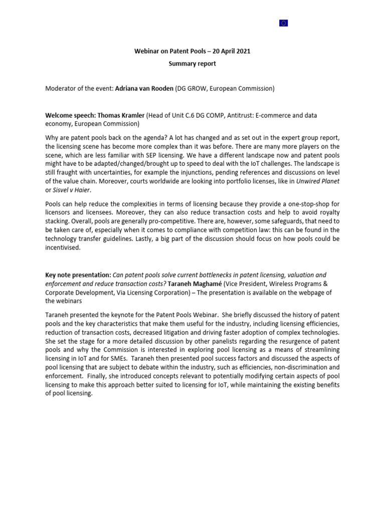 Summaries Webinar Patent Pools | PDF | License | Royalty Payment