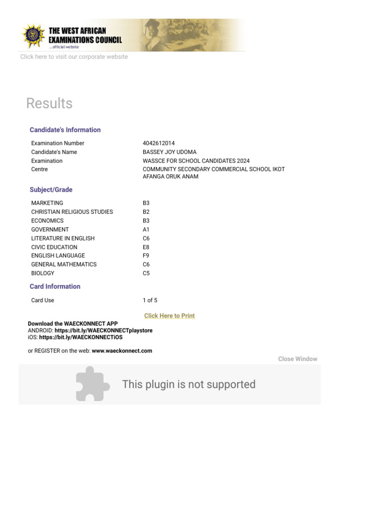 Waecdirect Online - Results | PDF