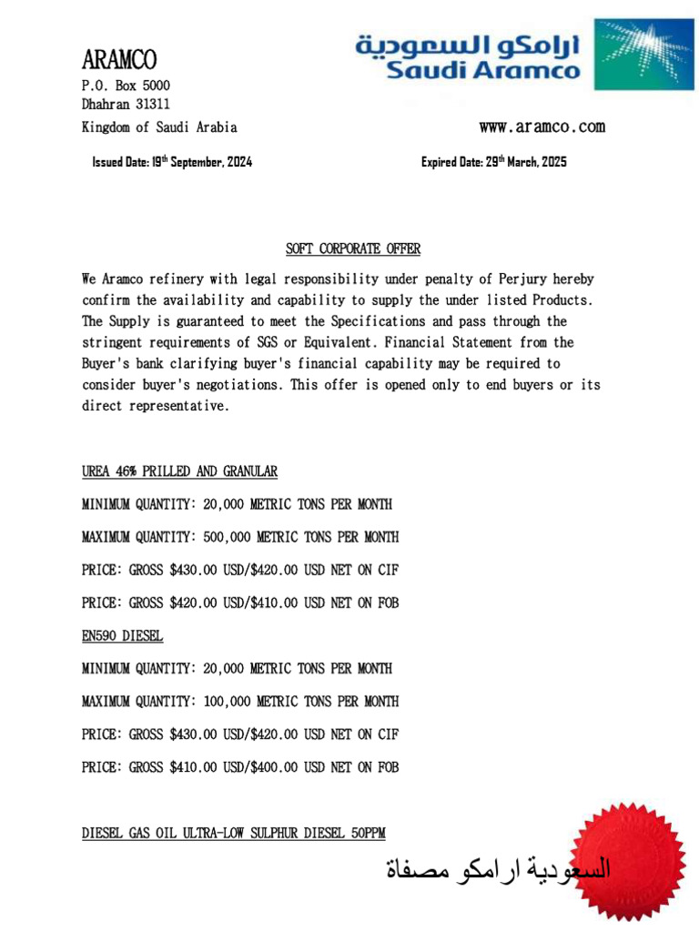 Aramco Soft Corporate Offer Details | PDF | Petroleum