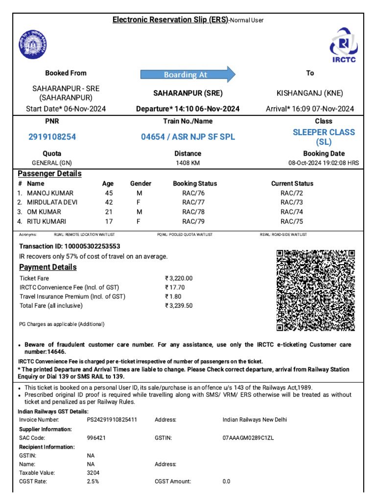 Asr NJP SF SPL Sleeper Class (SL) : Electronic Reservation Slip (ERS ...