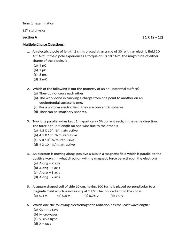 Term 1 Physics 12th 2024-25 | PDF | Inductor | Inductance