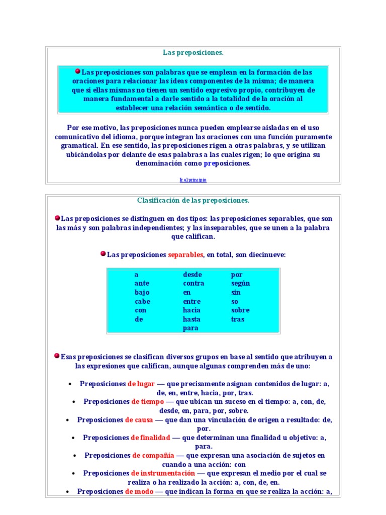 Las Preposiciones | PDF | Preposición y Postposición | Palabra