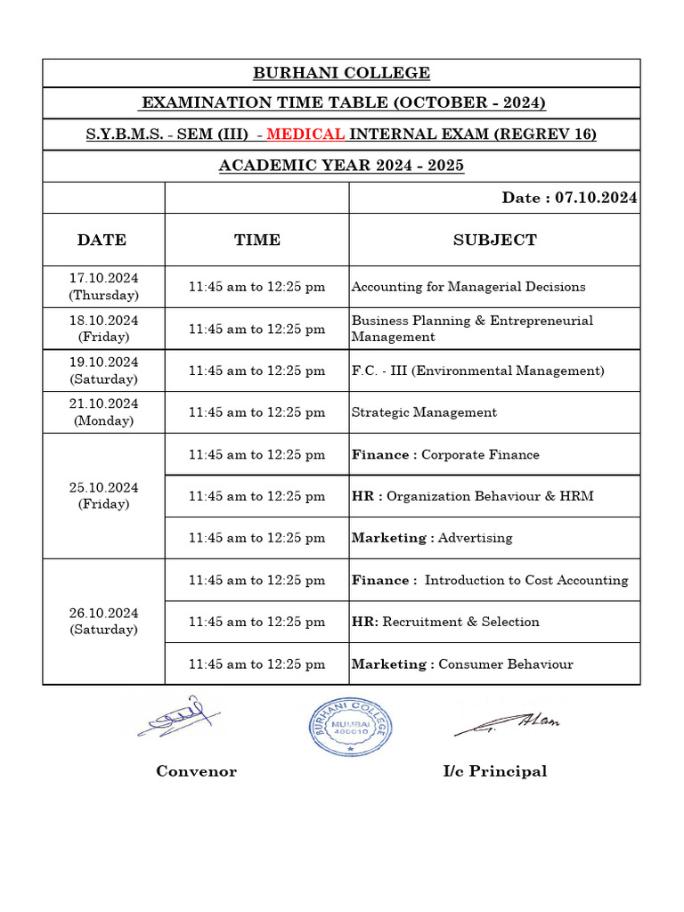 ADDITIONAL INTERNAL TIME TABLE OCT - 2024 | PDF | Marketing | Human Resource Management