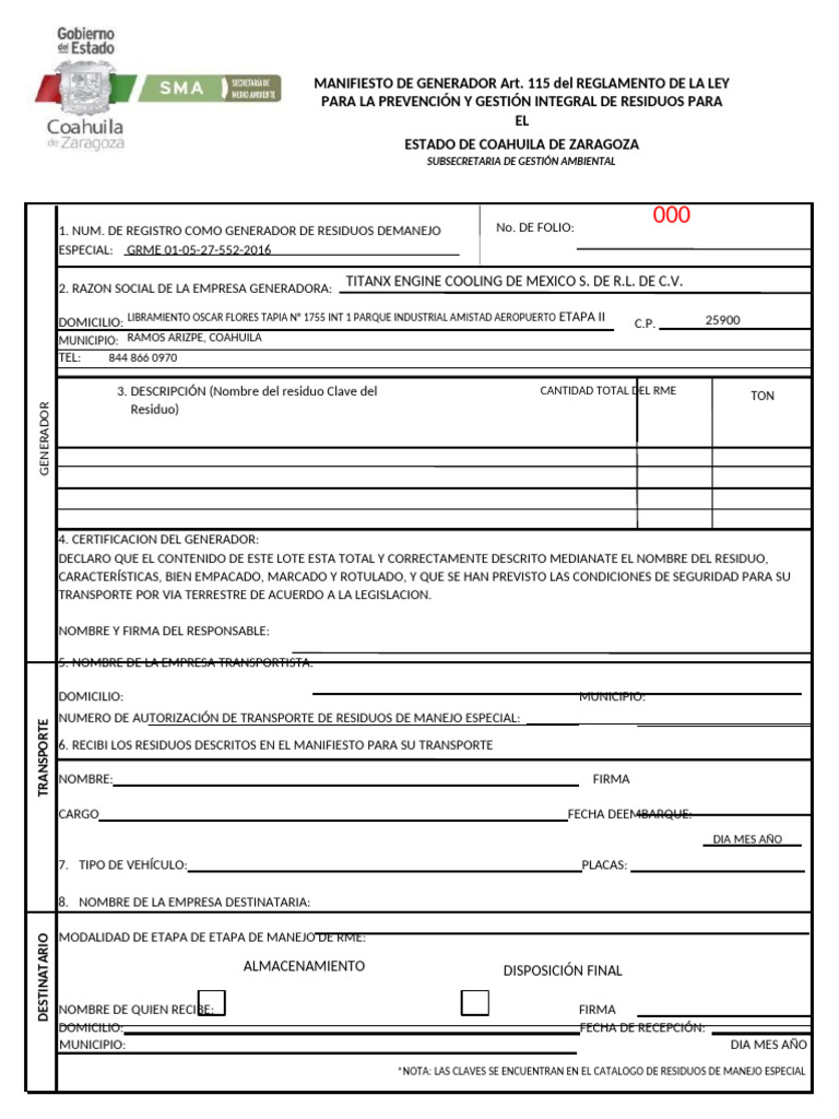 Ehs-f-036 Manifiesto de Generador Rsu - Rme | PDF