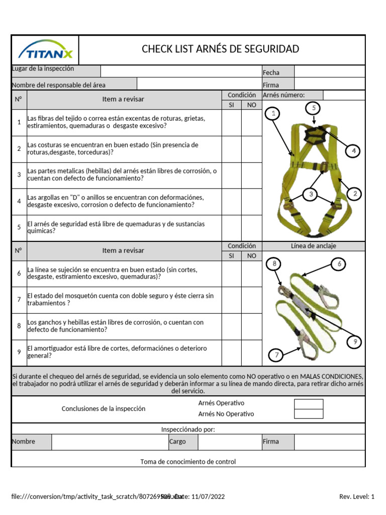 EHS-F-033 Check List Arnes de Seguridad | PDF