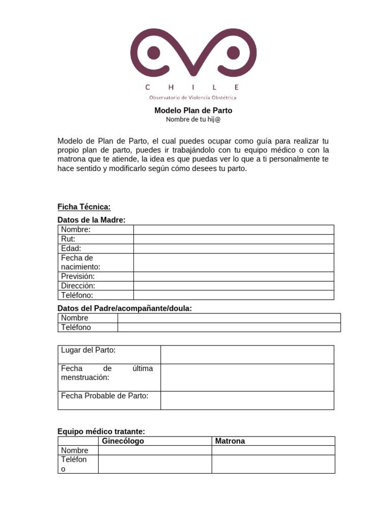 Modelo Plan de Parto | PDF | Parto | Salud maternal
