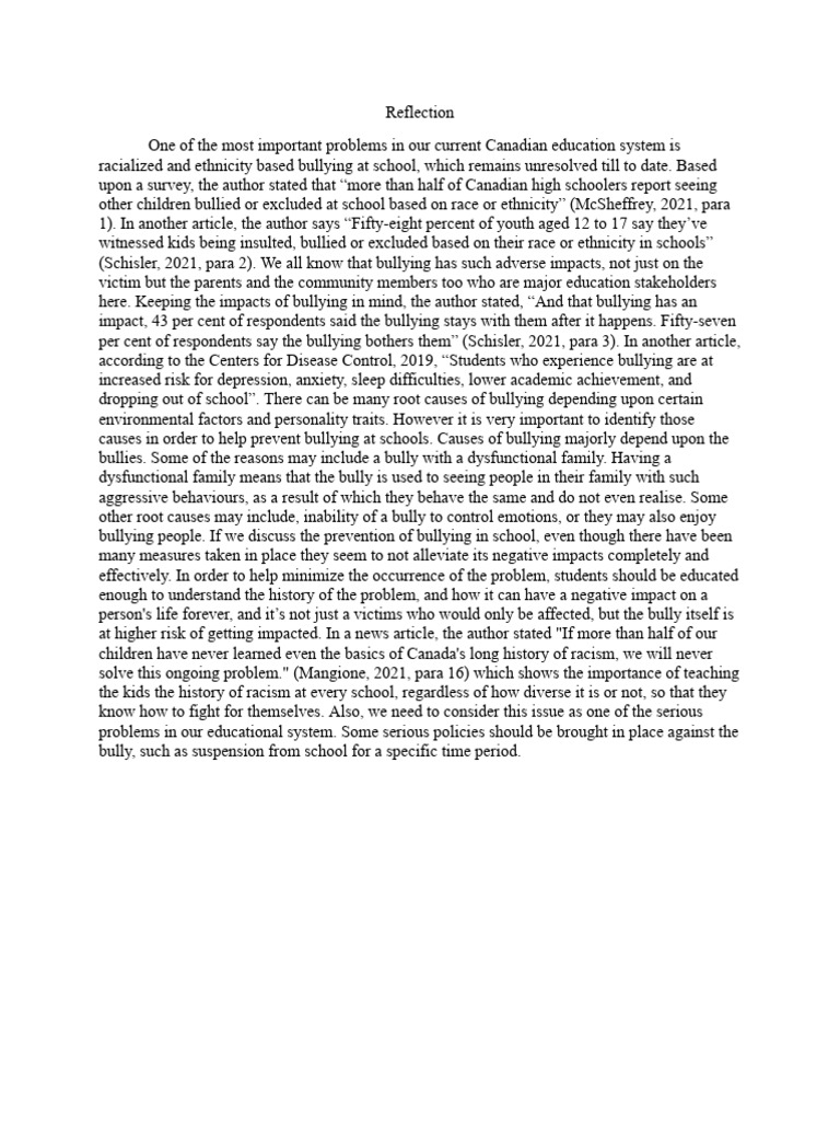 Reflection On Education | PDF | Bullying | Psychology