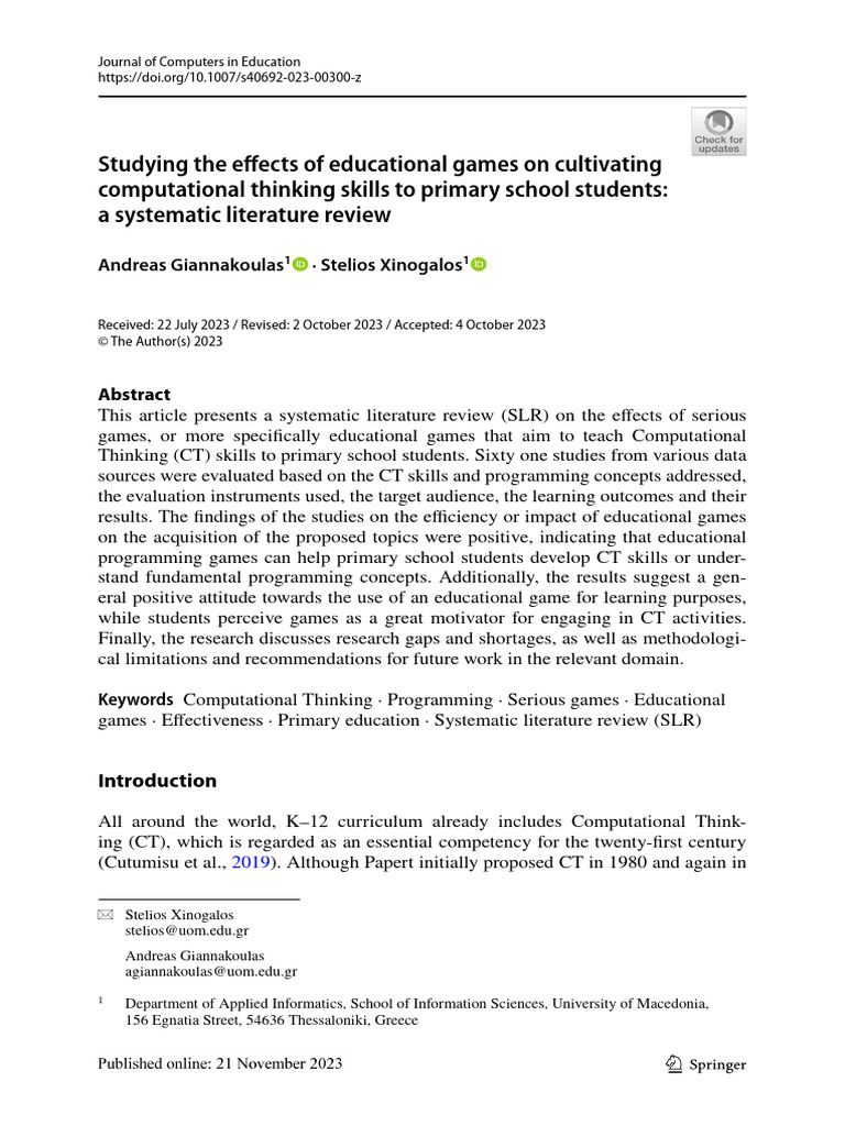 Studying The Effects of Educational Games On Cultivating Computational Thinking Skills To ...