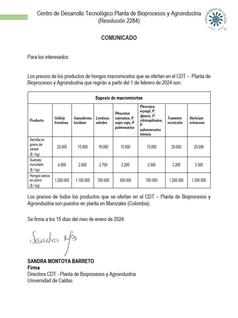 Comunicado Actualización Precios Productos Planta de Bioprocess y Agroindustria - 2024 | PDF