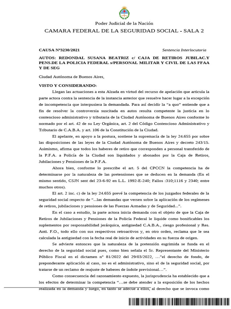 Jurisprudencia 2023 “REDONDAL SUSANA BEATRIZ - Policía Federal. Personal Transferido a CABA ...