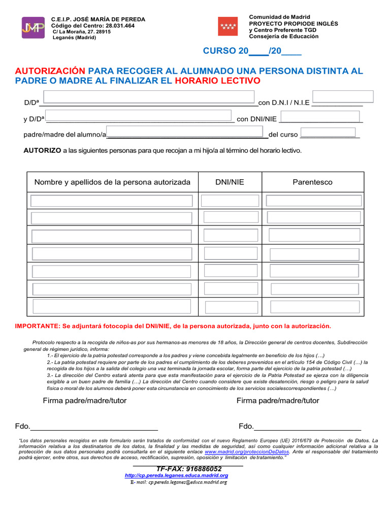 Editable Autorización Recoger Alumnado Horario Lectivo 2 Pdf