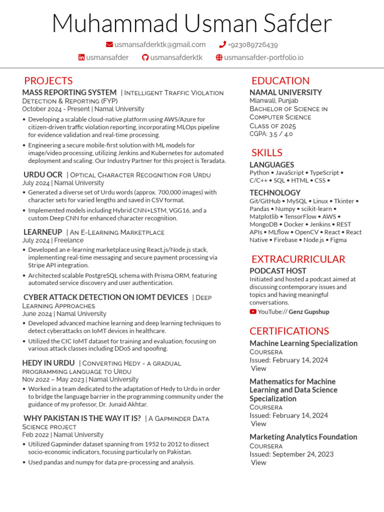 Usman Resume | PDF | Machine Learning | Internet Of Things