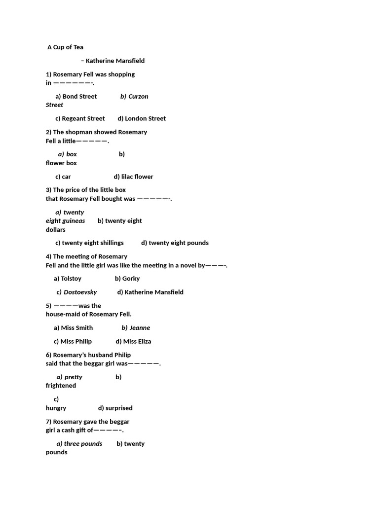 A Cup of Tea: MCQ and Answers | PDF | Art