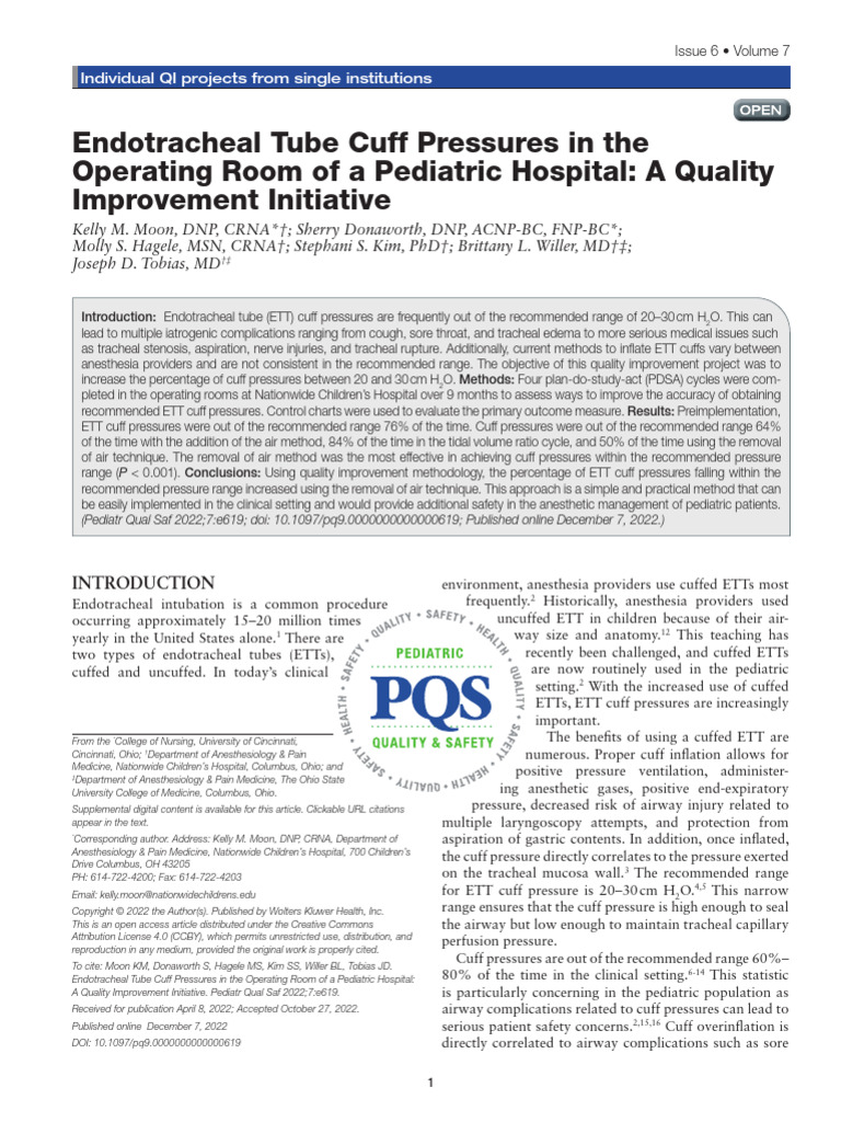 Endotracheal Cuff Pressure in Pediatric Operating Room | PDF | Surgery ...