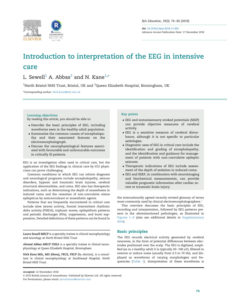 Introduction To Interpretation of The EEG in Inten | PDF ...