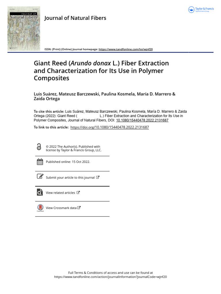 Giant Reed Arundo Donax L Fiber Extraction and Characterization For Its ...