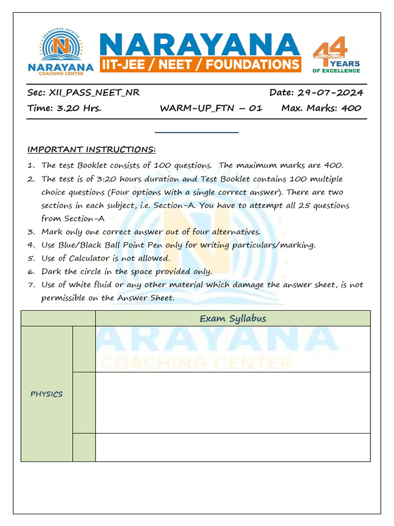 FTN_1_WARMUP_NEET Q Paper | PDF | Atomic Orbital | Acceleration