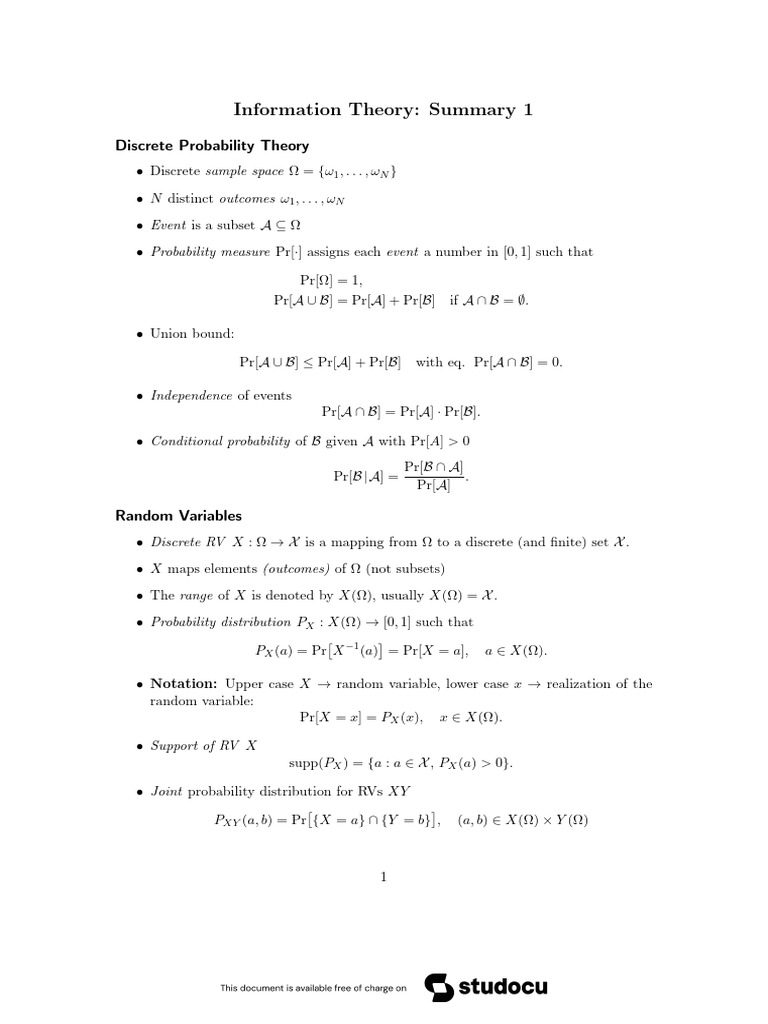 Summary 1 - Zusammenfassung Information Theory | PDF | Random Variable | Probability Distribution