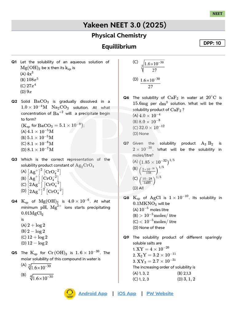 Equilibrium DPP 10 (Of Lec - 15) Yakeen NEET 3.0 2025 | PDF | Solubility | Chemical Substances