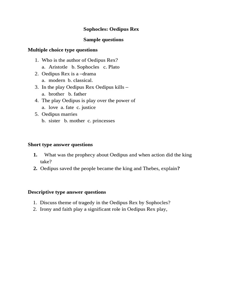 Sample Questions On Sophocles Odepius Rex | PDF