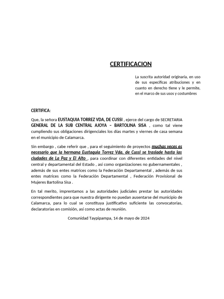 Certificacion Bartolina Sisa | PDF
