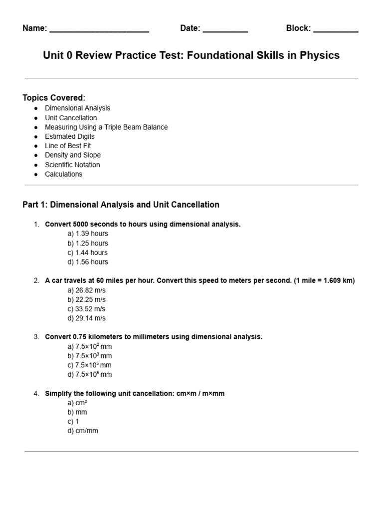 Unit 0 Review Practice Test - Foundational Skills in Physics | PDF ...