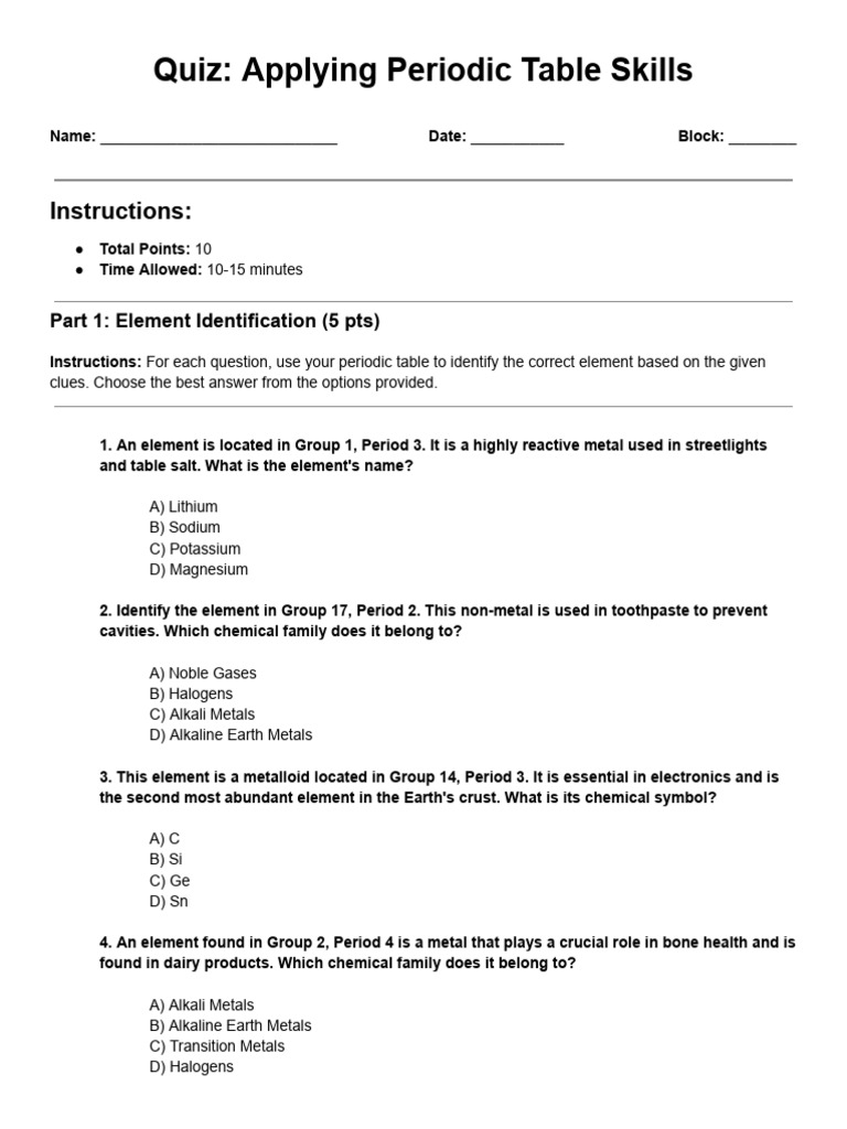 Periodic Table Skills Quiz | PDF | Chemical Elements | Metals
