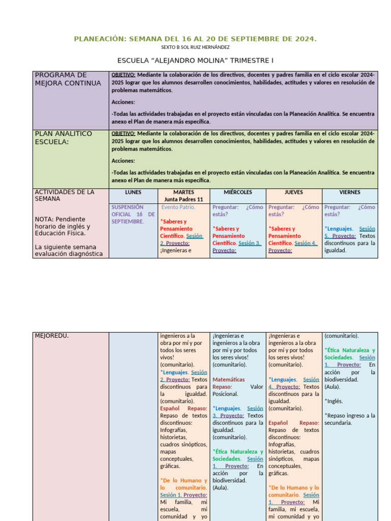 Planeacion Del 16 Al 20 de Septiembre de 2024. | PDF | Escuelas