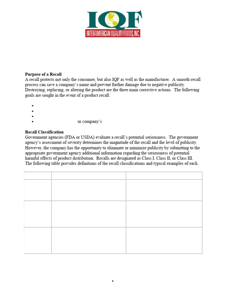 EX-AC-052 Product Recall Plan | PDF | Food Safety | Food Industry