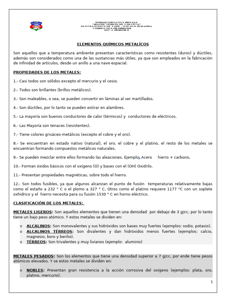 Element0s Químicos Metales | PDF | Rieles | Elementos químicos