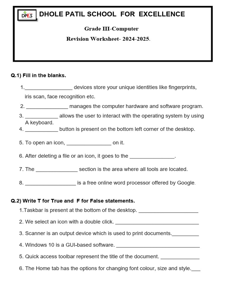 Term-1 Computer Revision Worksheet (Grade3) | PDF | Icon (Computing) | Operating System