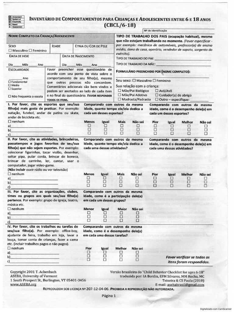 CBCL 6 A 18 Anos | PDF