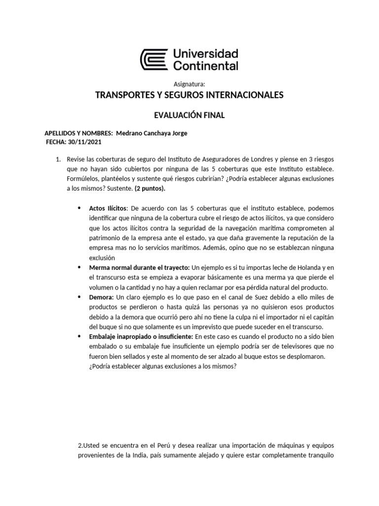 EVALUACION FINAL TYSI 2021-II - Medrano Canchaya Jorge | PDF | Seguro | El comercio internacional