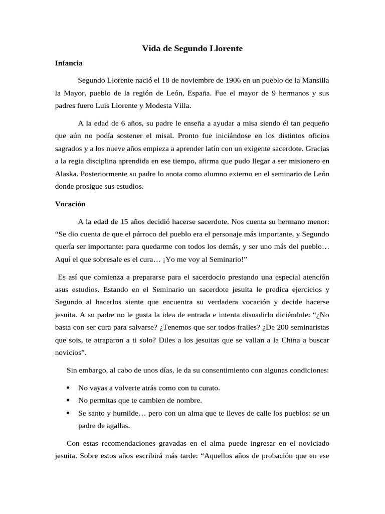 Vida de Segundo Llorente | PDF | Sacerdote | Misionero