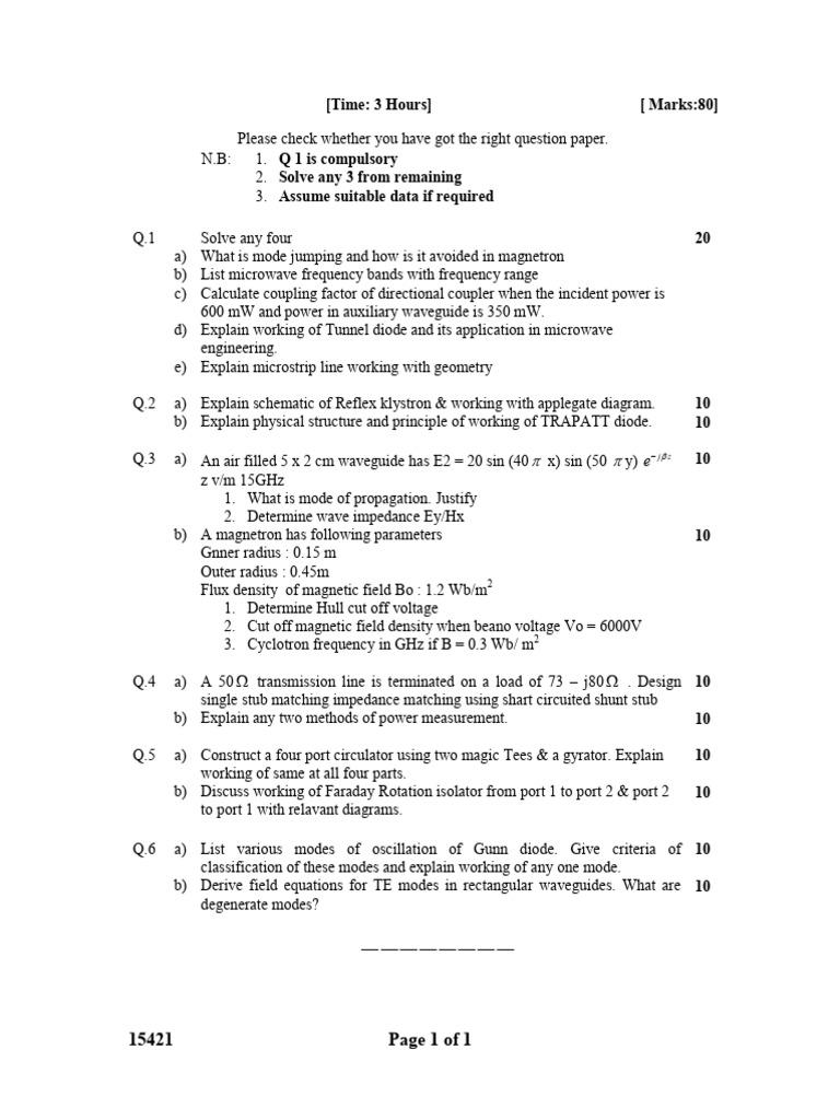 Microwave Engineering Sem 4 Question Paper | PDF | Electronics ...