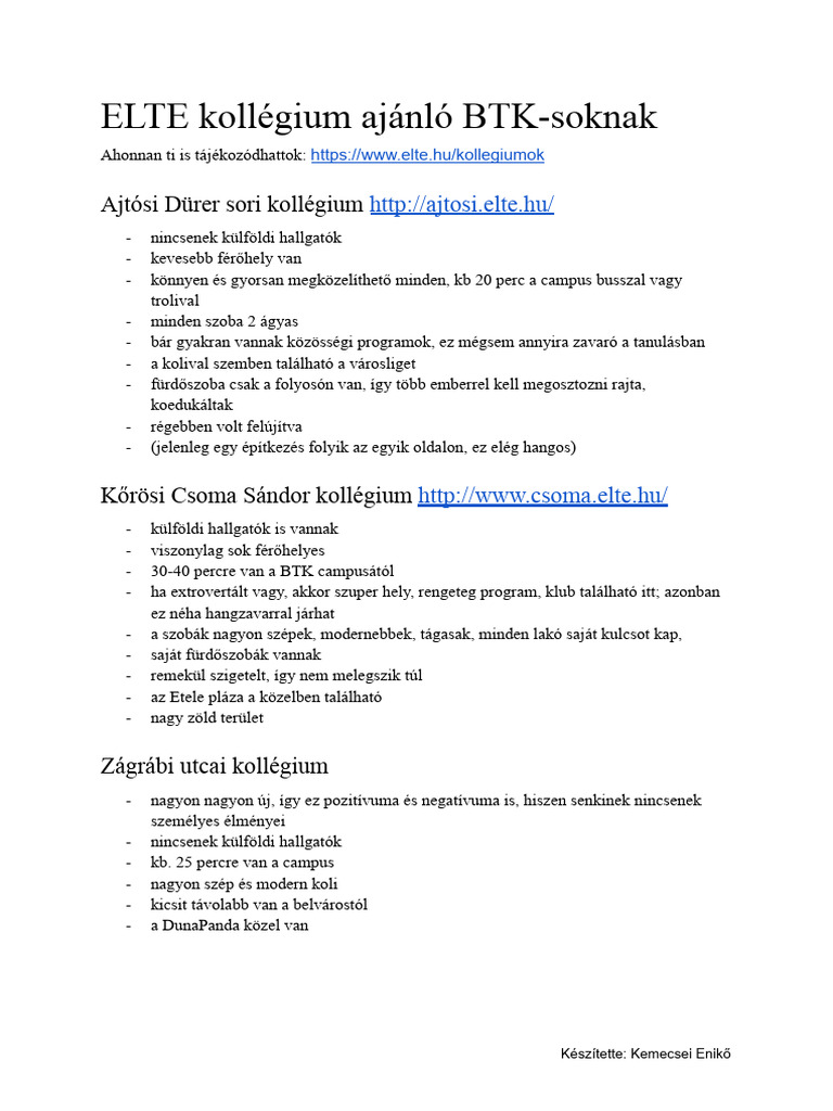ELTE Kollégium Ajánló BTK Soknak | PDF