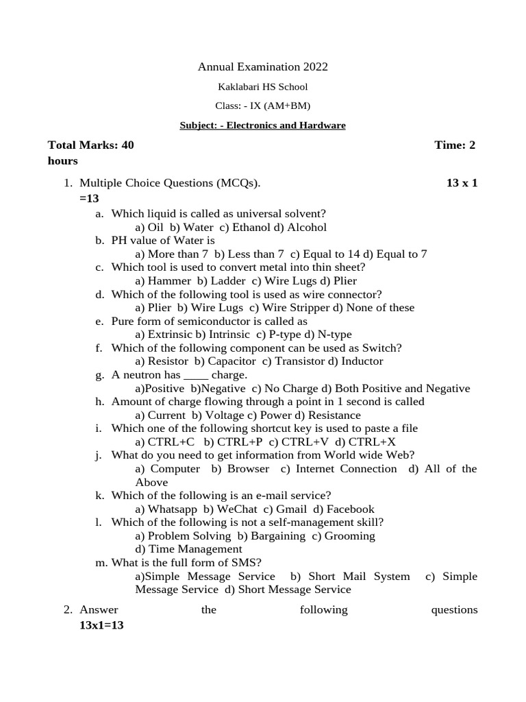Electronics Exam Paper Class IX 2022 | PDF | Capacitor | Electrical ...