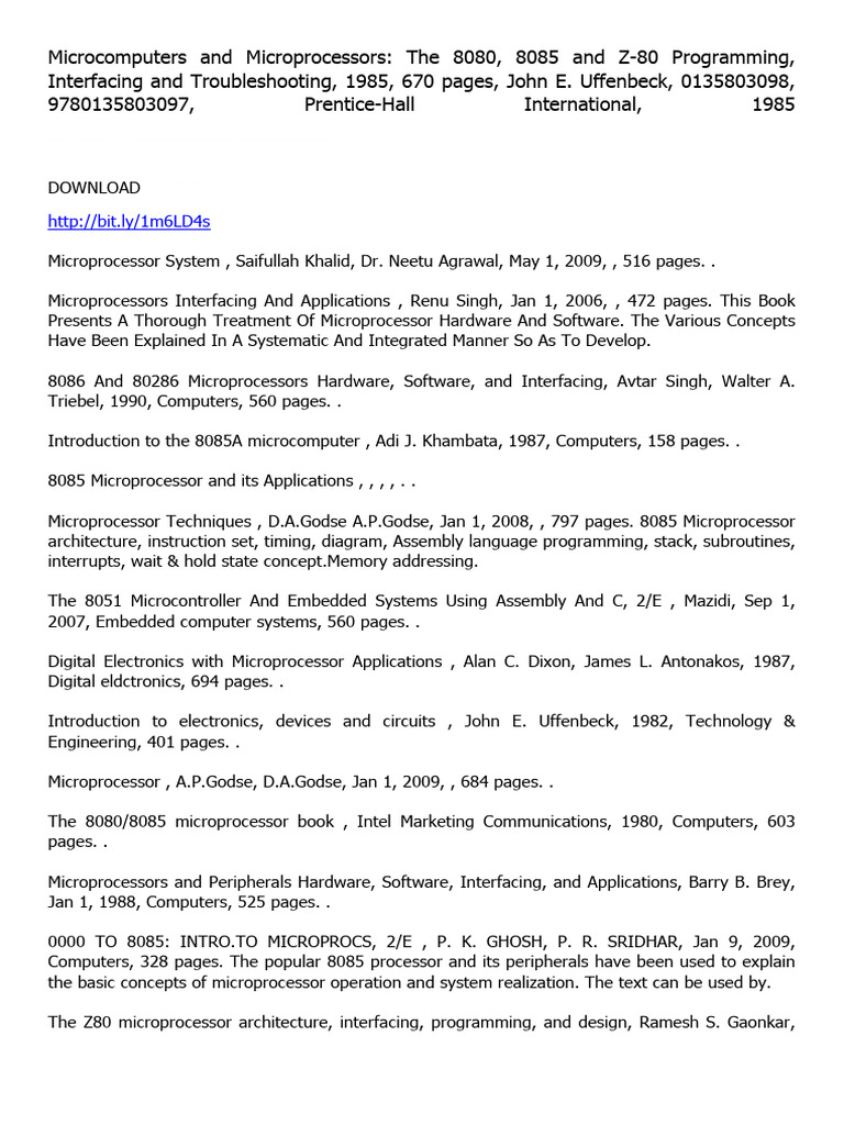 Microcomputers and Microprocessors The 8080 8085 and Z 80 Programming Interfacing and Troub ...