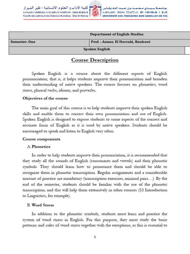 Spoken English Course Guide | PDF | Linguistic Morphology | Syntax