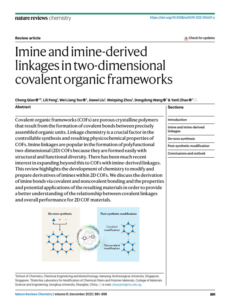 Imine Linkages in 2D COFs Review | PDF | Applied And Interdisciplinary ...