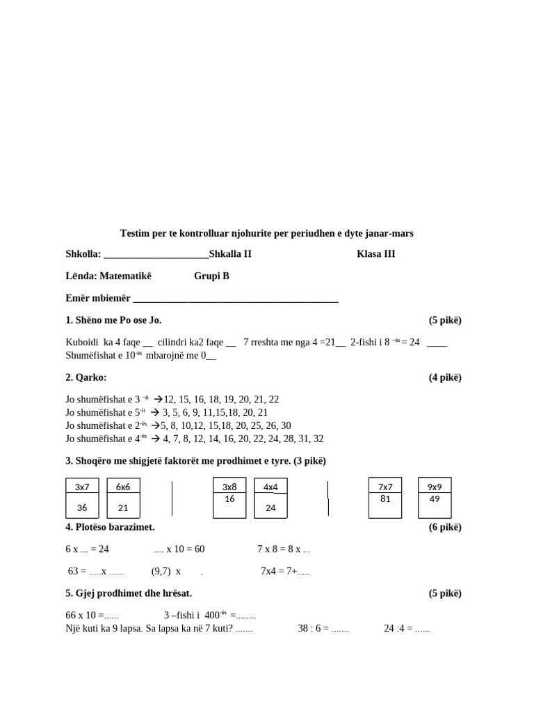 MATEMATIKA 3 Modele Testesh Sipas 3-Mujorëvemeti | PDF