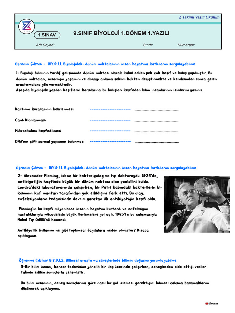 9.sinif Biyoloji 1.donem 1.yazili Genel Tekrar | PDF